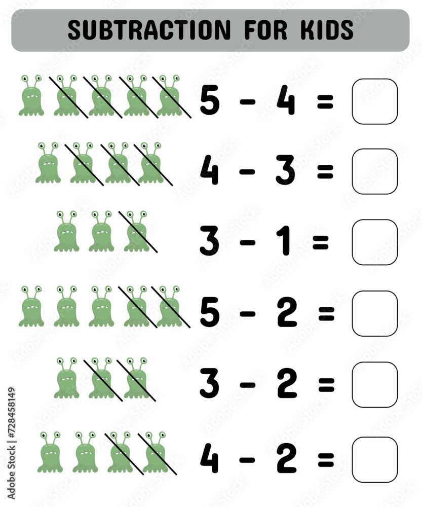 Subtraction with cute monsters. Mathematical examples. Printable sheet ...