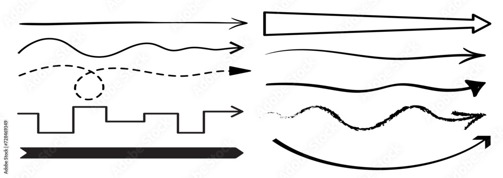 Vektor Straight long arrows isolated vector set. Monochrome pointing ...