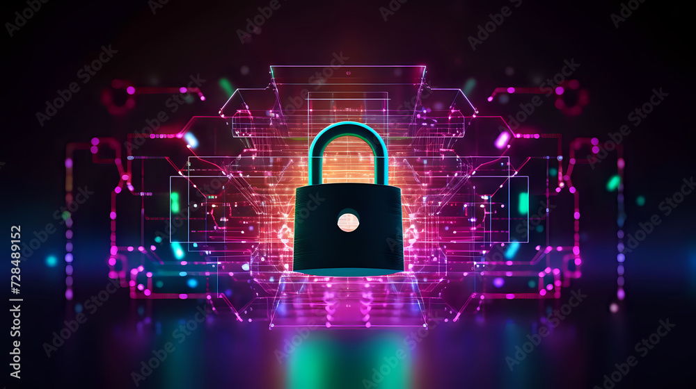 Cybersecurity Network Protection Vivid holographic padlock over a network diagram, symbolizing ...