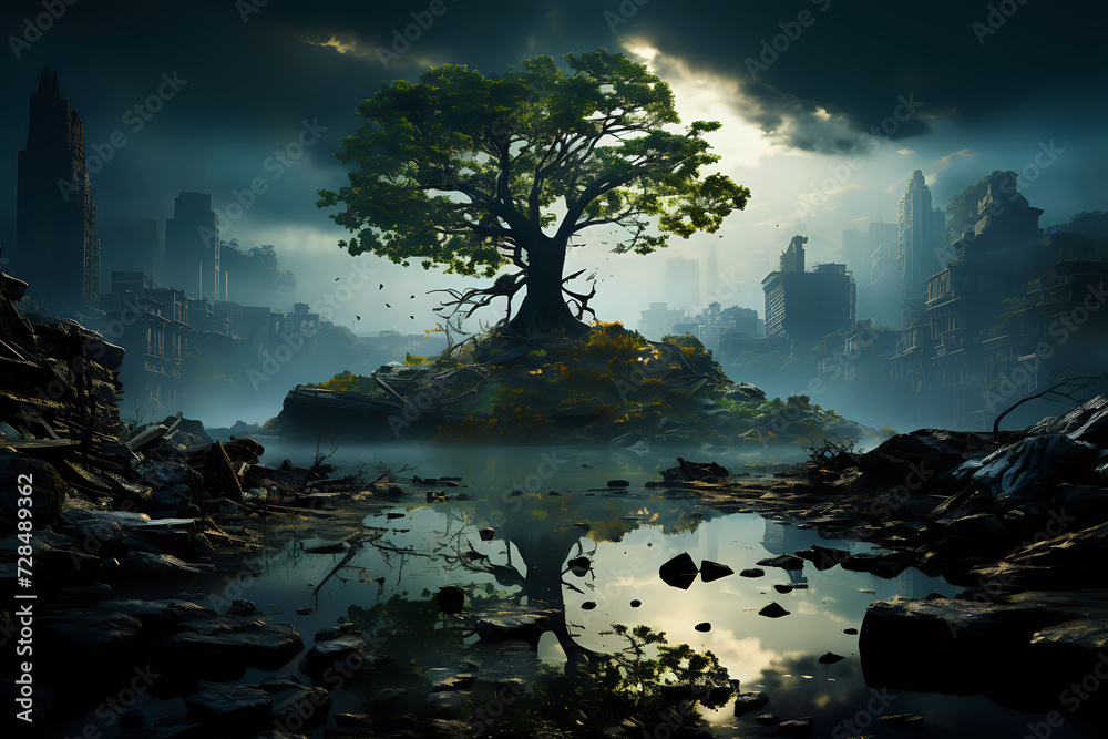 Solitary tree in post-apocalyptic cityscape A lone tree stands ...