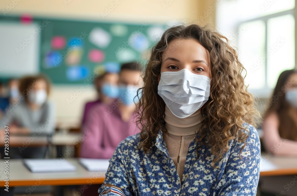 A woman wearing a face mask in a classroom to prioritize safety and ...