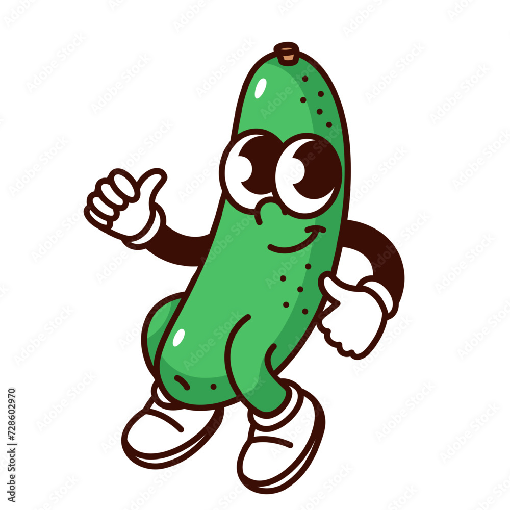 Groovy cartoon cucumber character dancing. Funny retro positive ...