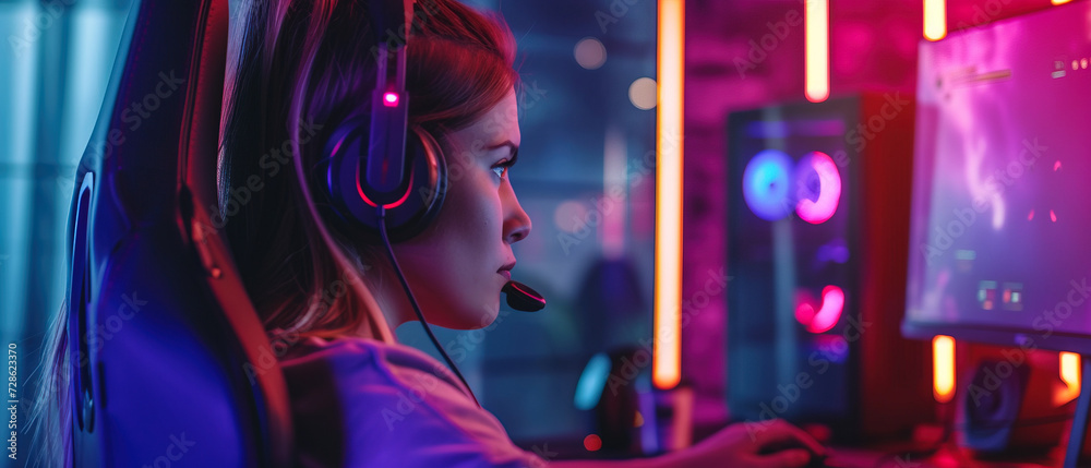 Woman playing computer game, multi-colored lights, RGB, headphones and ...