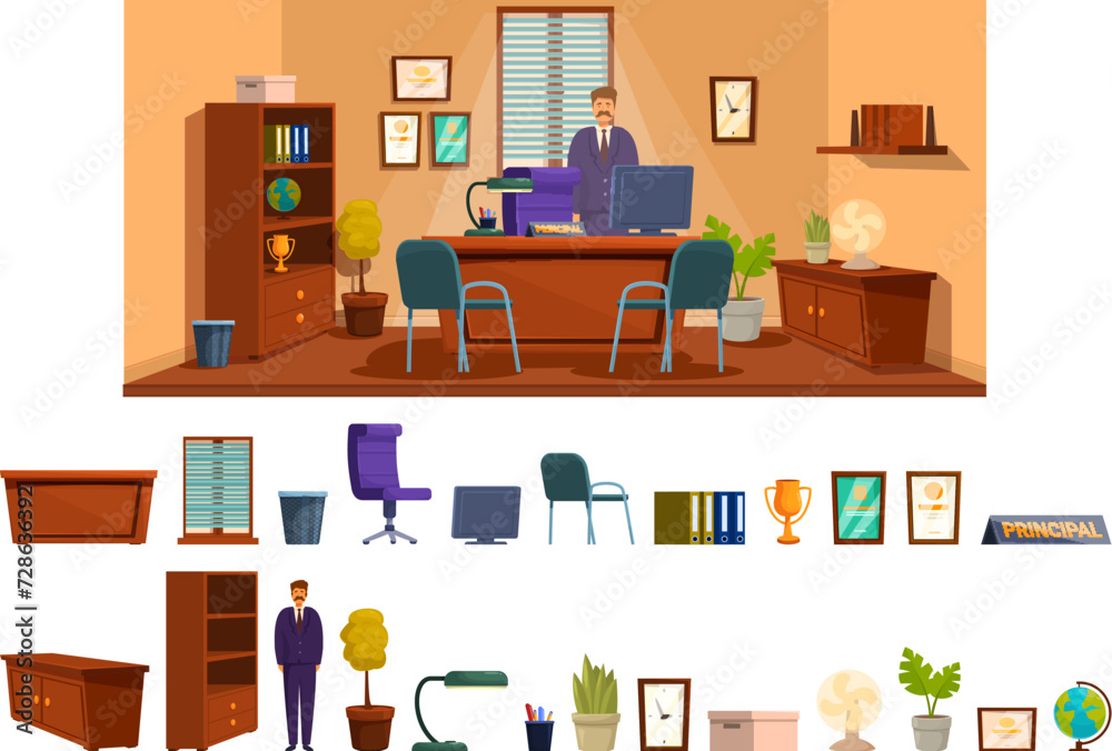 School principal office room icons set cartoon vector. Workplace furniture. Director table Stock ...