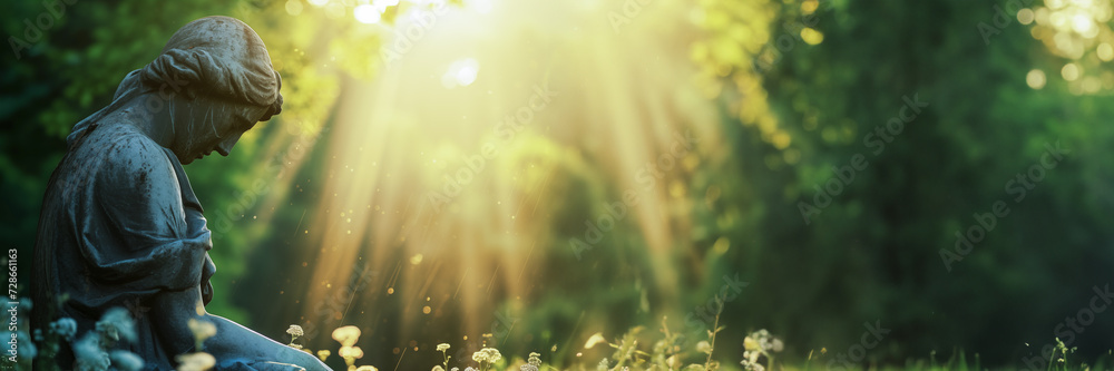 Sad woman statue with copy space, funeral services, grief, sorrow and ...