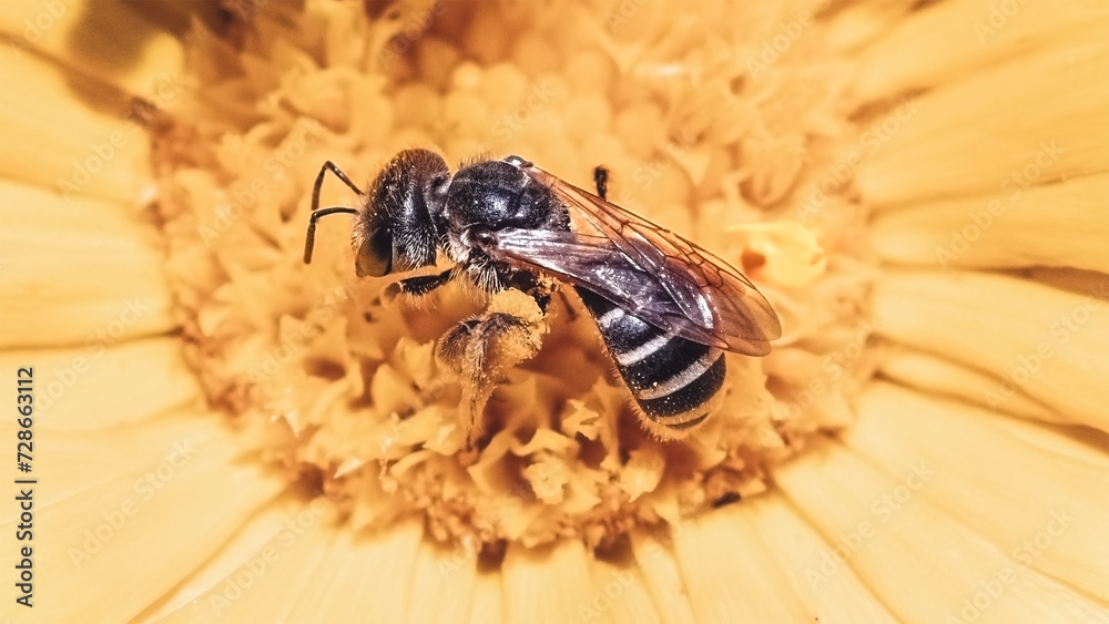 Side view of a female tiny dark Halictus sweat bee feeding and ...