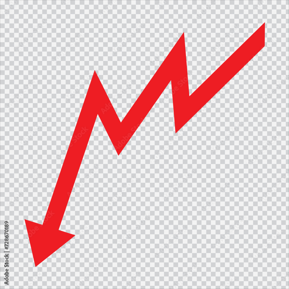 Red arrow going down stock icon on transparency background. Bankruptcy, financial market crash ...