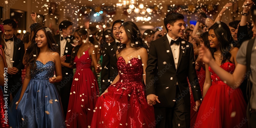 Prom romance with young students dressed up in a tuxedo and gown to ...