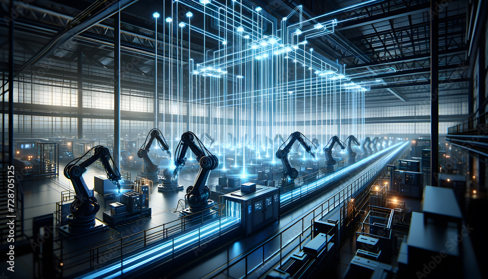 Smart factory with connected infrastructure. Illustration for Industry ...