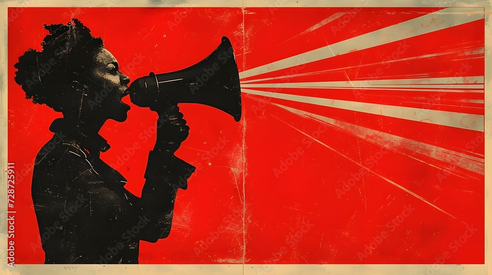 Retro collage style poster. An African woman is using megaphone for ...