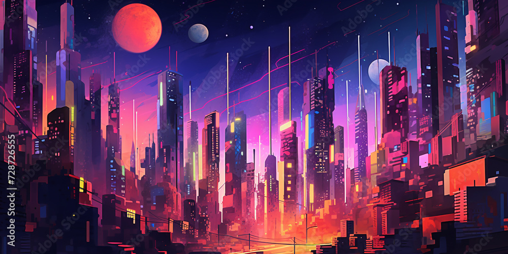 retrowave neon city wide banner with place for text. Technological ...