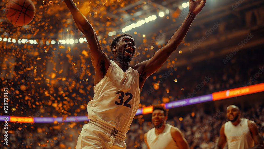 Basketball players celebrating their win in a championship - arena with ...