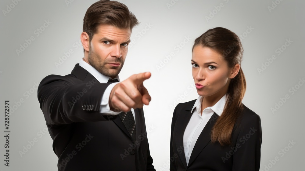 Woman pouting, and next to her a man pointing at someone in a serious ...