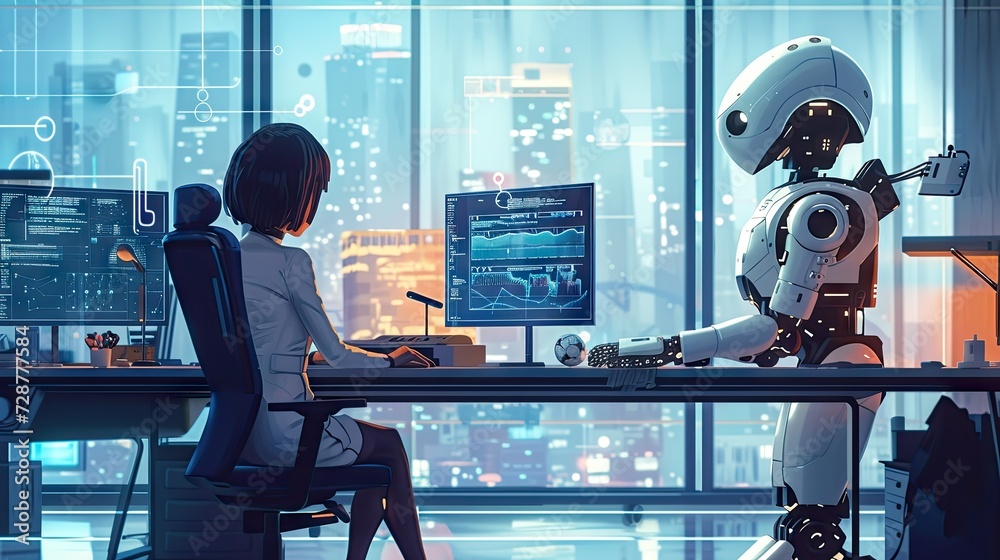 nice girl and a robot working together in a futuristic office ...