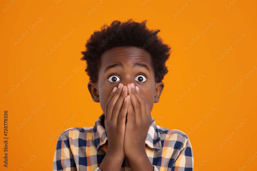 Nervous African American school boy and biting nails in studio with ...