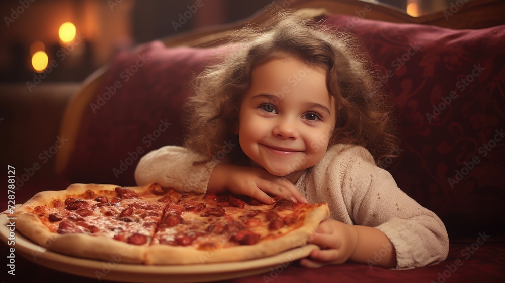 little girl, child eats pizza. happy kid and fast food. delicious ...