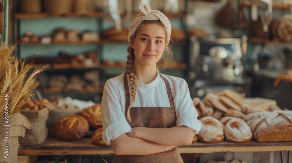 Cake baker girl in a bakery, baker outfit, looking at the camera, big ...
