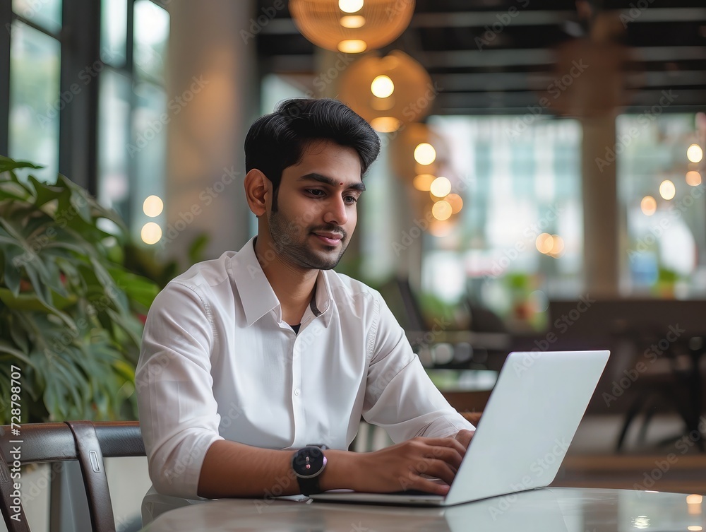 indian businessman working on laptop in modern office lobby space ...