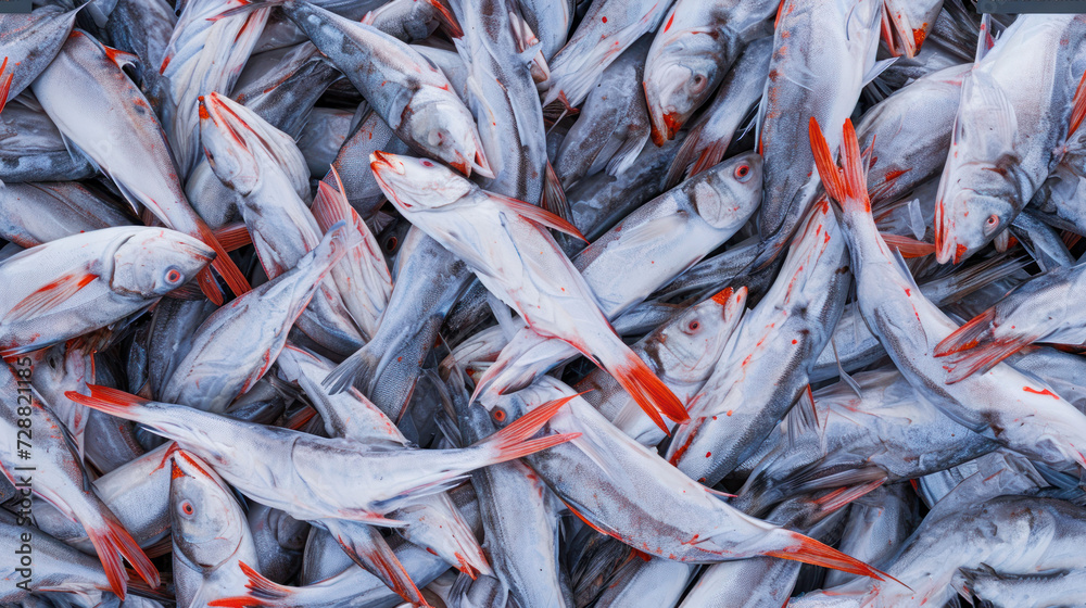a large pile of dead fish with red marks on the sides of the heads and ...