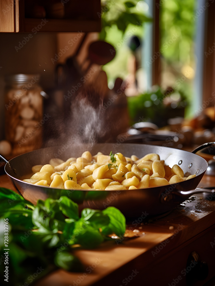Making gnocchi pasta in a pan, blurry kitchen background Stock Photo ...