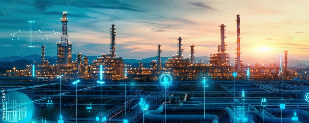 Panoramic View of Industrial Oil and Gas Refinery with Digital Overlays ...