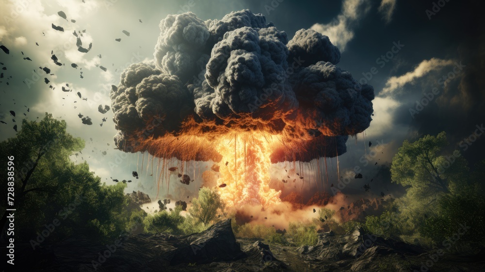 Big explosion with smoke and ash. Eruption. Explosion of a nuclear bomb ...