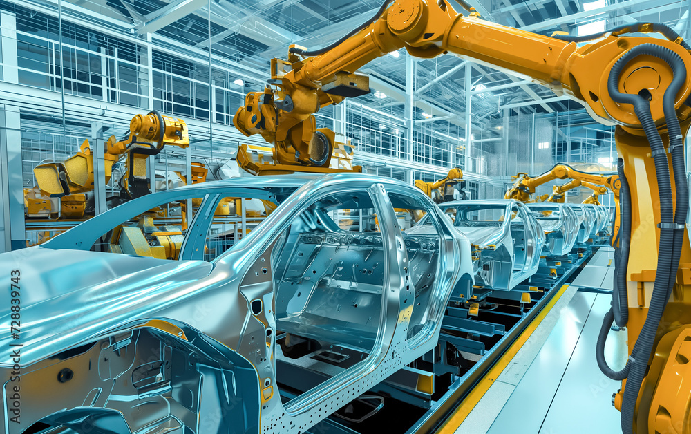 Car manufacturer. Car Factory Digitalization Industry. Automated Robot ...