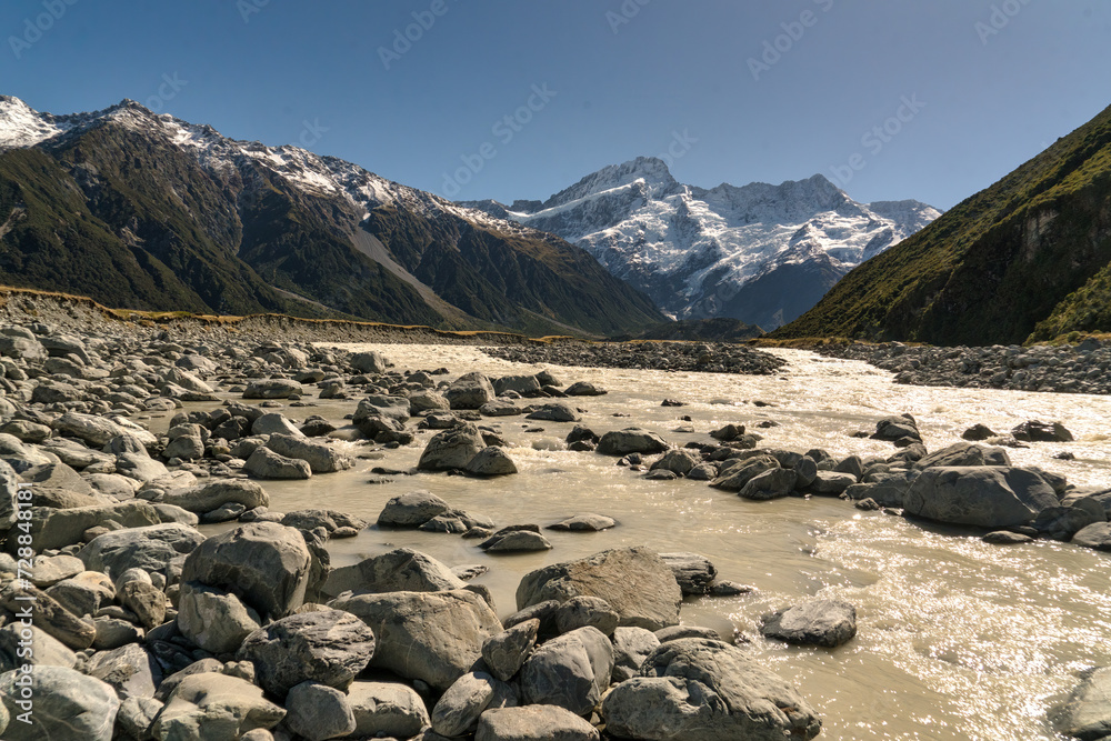 The Tasman river flowing quickly through Tasman valley in Aoraki Mt ...