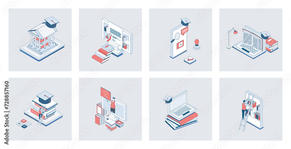 Online education concept of isometric icons in 3d isometry design for web. E-learning platform ...