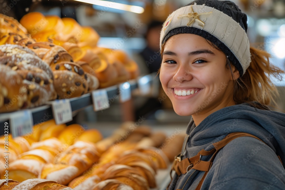 A content woman proudly displays her freshly baked pastries at her cozy ...
