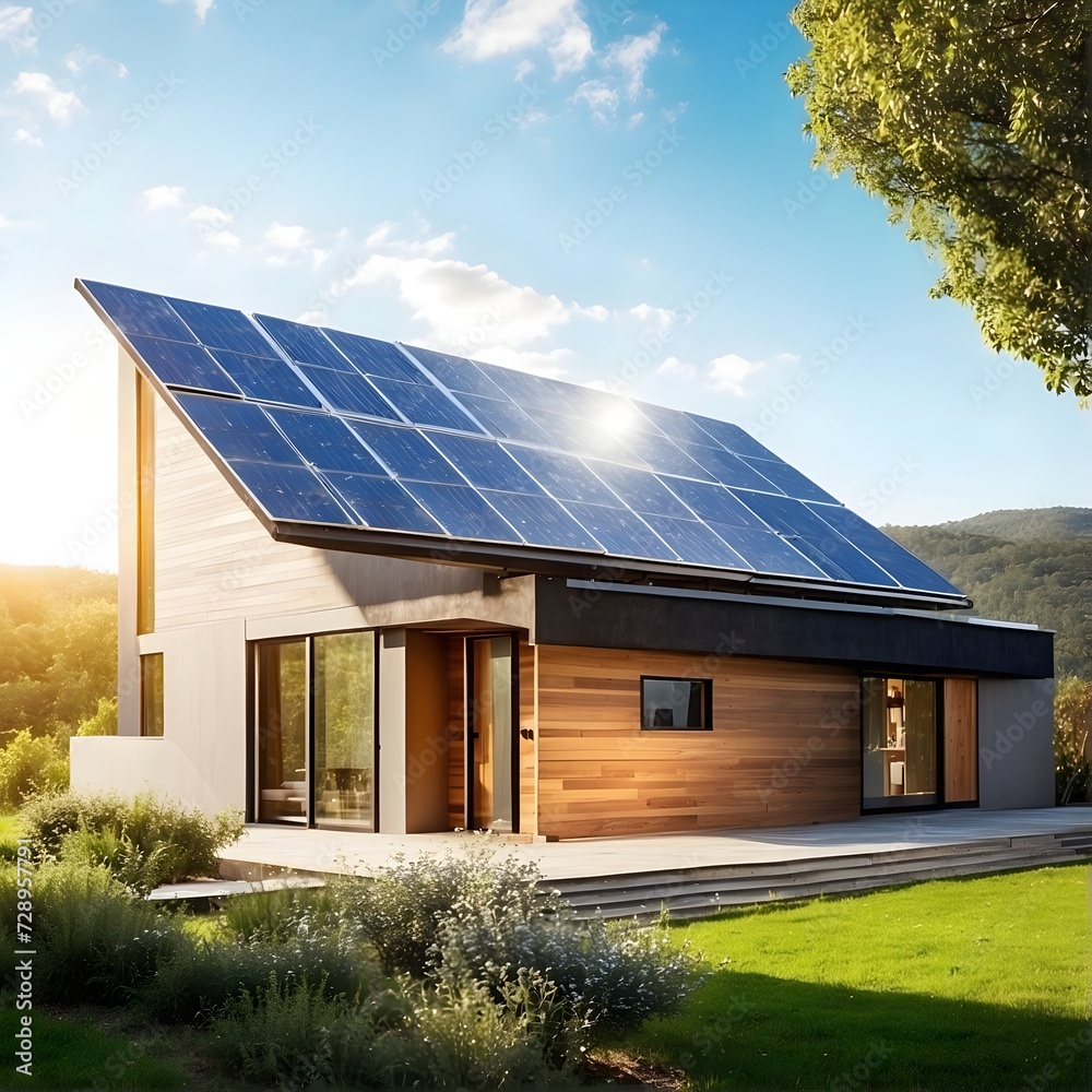 Solar panels generating electricity on a one-floor house with a plain ...