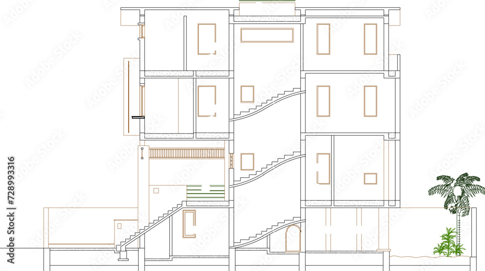 Vector sketch illustration of modern house section architectural ...