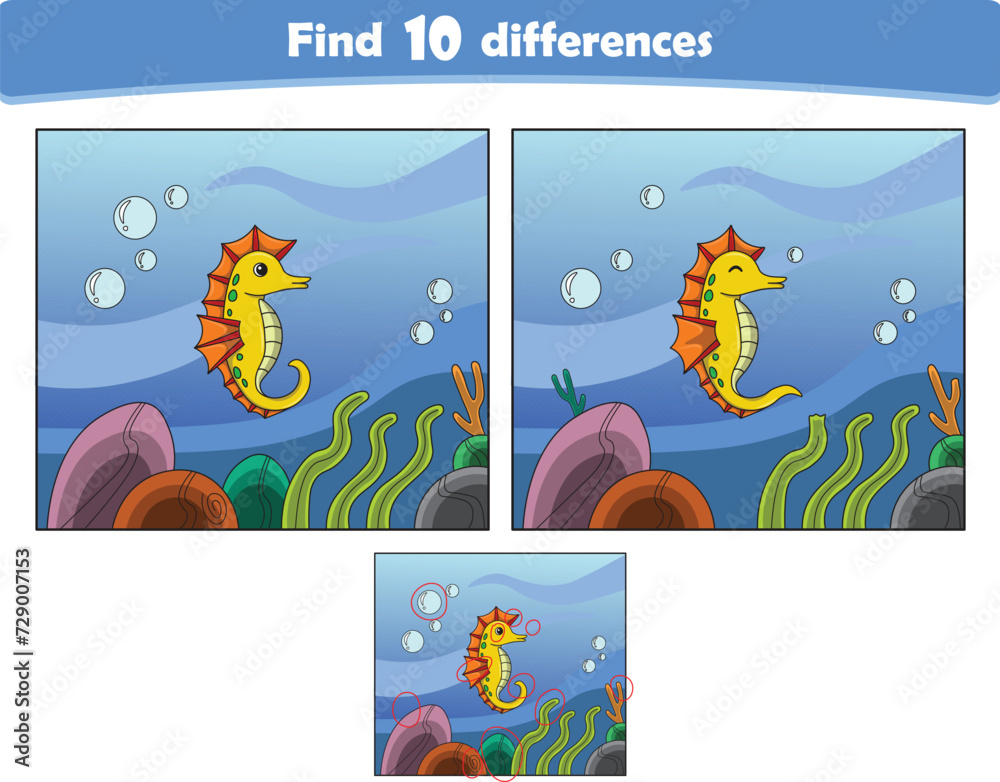 Funny cartoon seahorse. Find 10 differences. Kids Education games ...