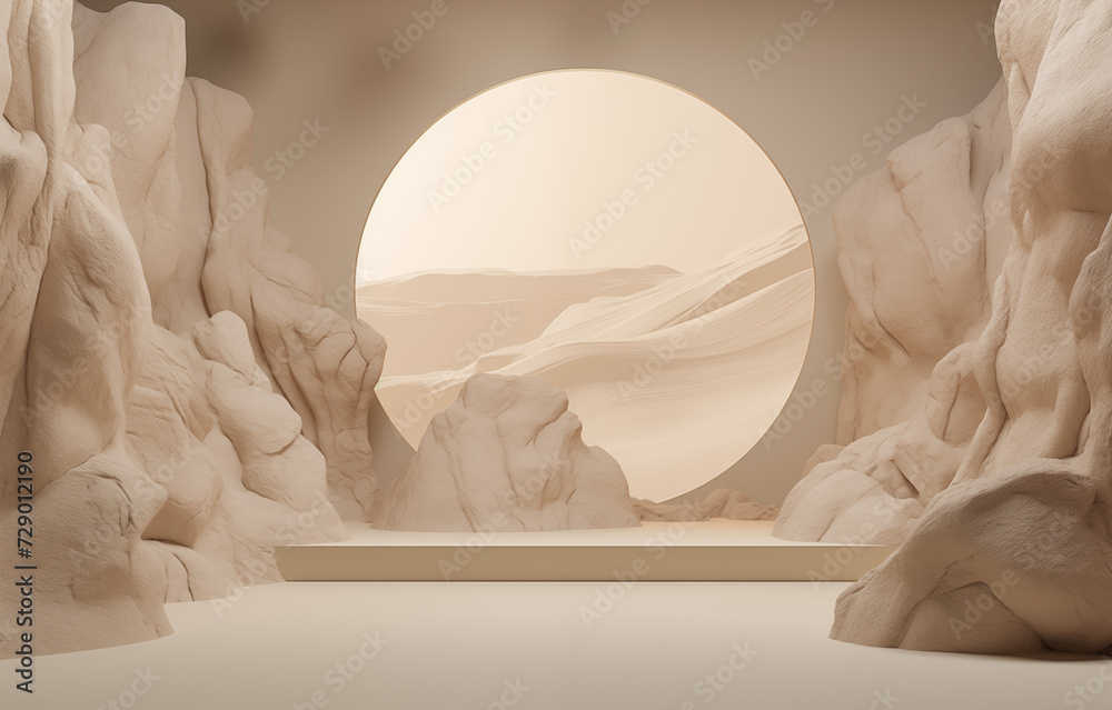 3d scene with stone rock and a white cave wall, in the style of nature ...