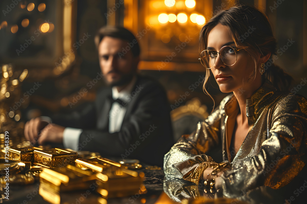 business successful couple in the office among gold bars. wealth and ...