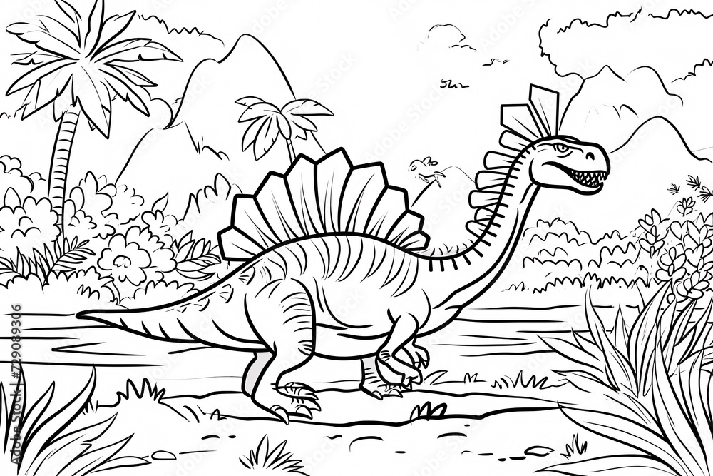 Spinosaurus Dinosaur Black White Linear Doodles Line Art Coloring Page ...