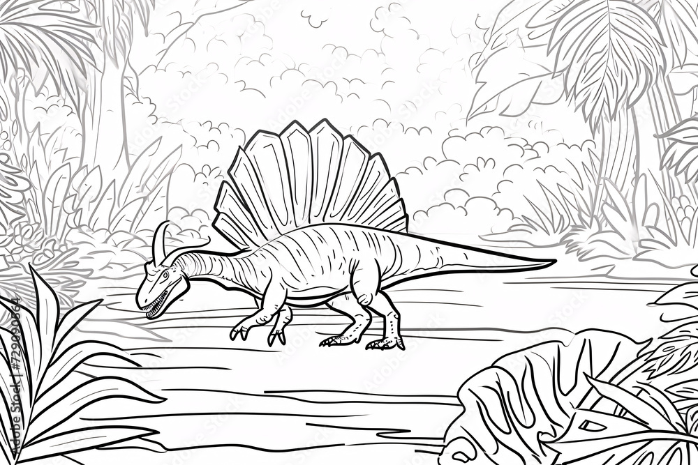 Spinosaurus Dinosaur Black White Linear Doodles Line Art Coloring Page ...