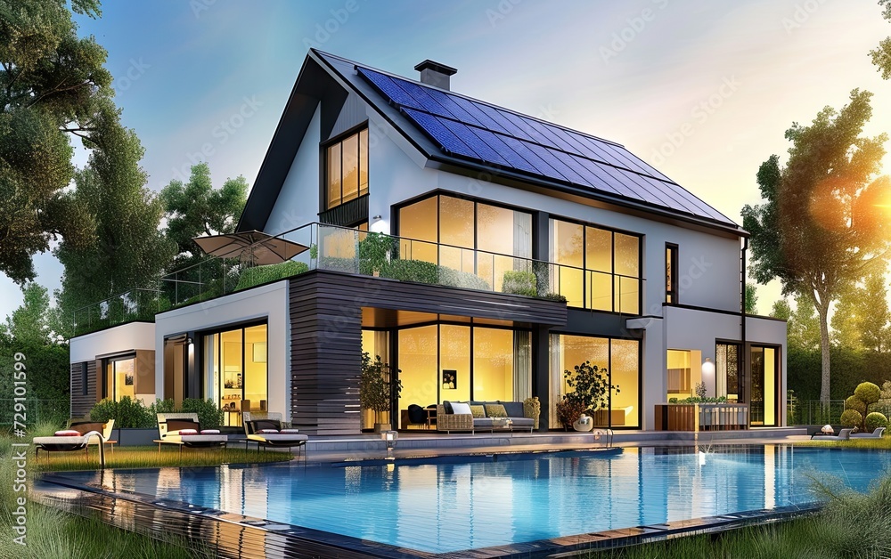Modern single family house with solar panels on roof blending luxury ...