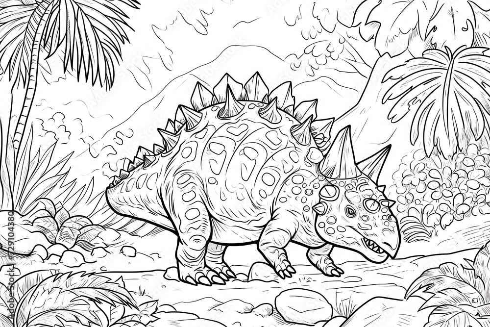 Ankylosaurus Dinosaur Black White Linear Doodles Line Art Coloring Page ...