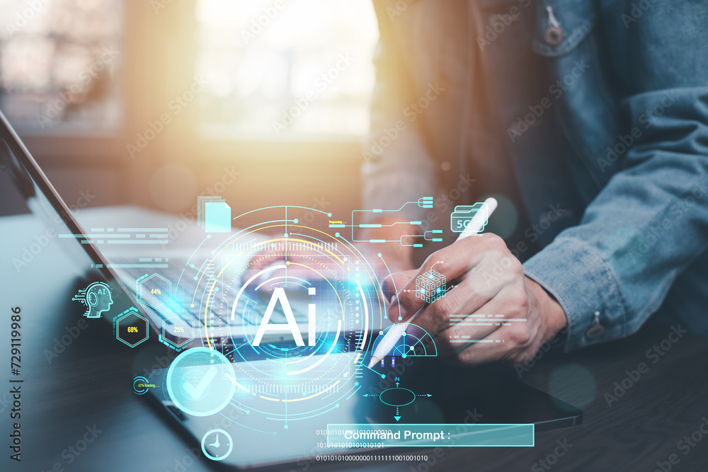 Programmer people working laptops or smartphones with AI, artificial intelligence software ...