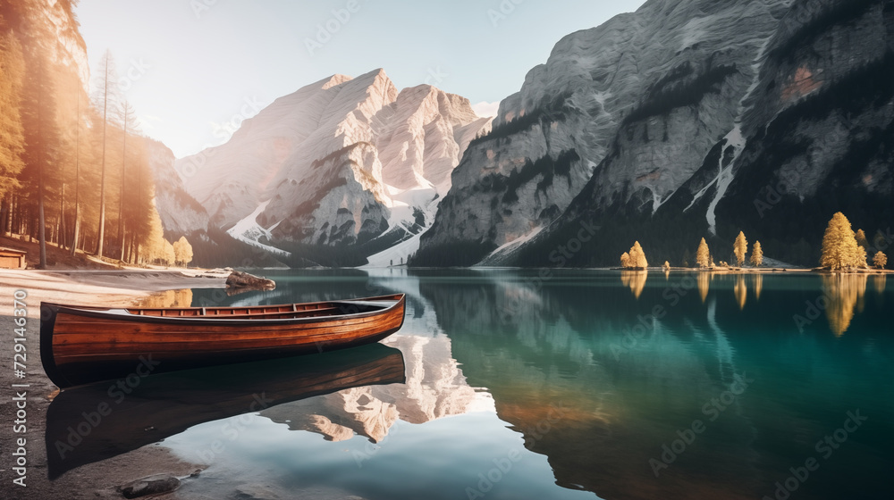Beautiful view of traditional wooden rowing boat on scenic Lago di ...