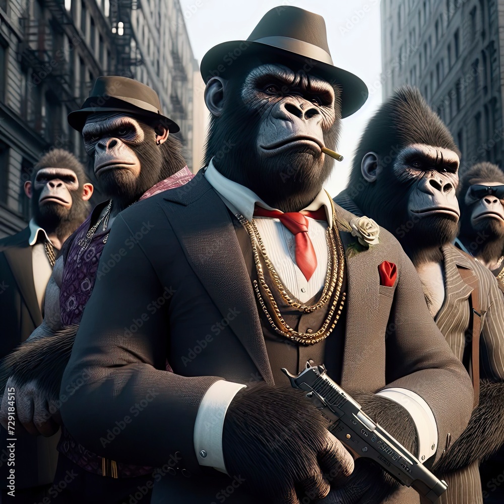 Gangster Mafia Gorilla Monkey Chimpanzee Gangwar with guns in streets wearing chains and suits ...