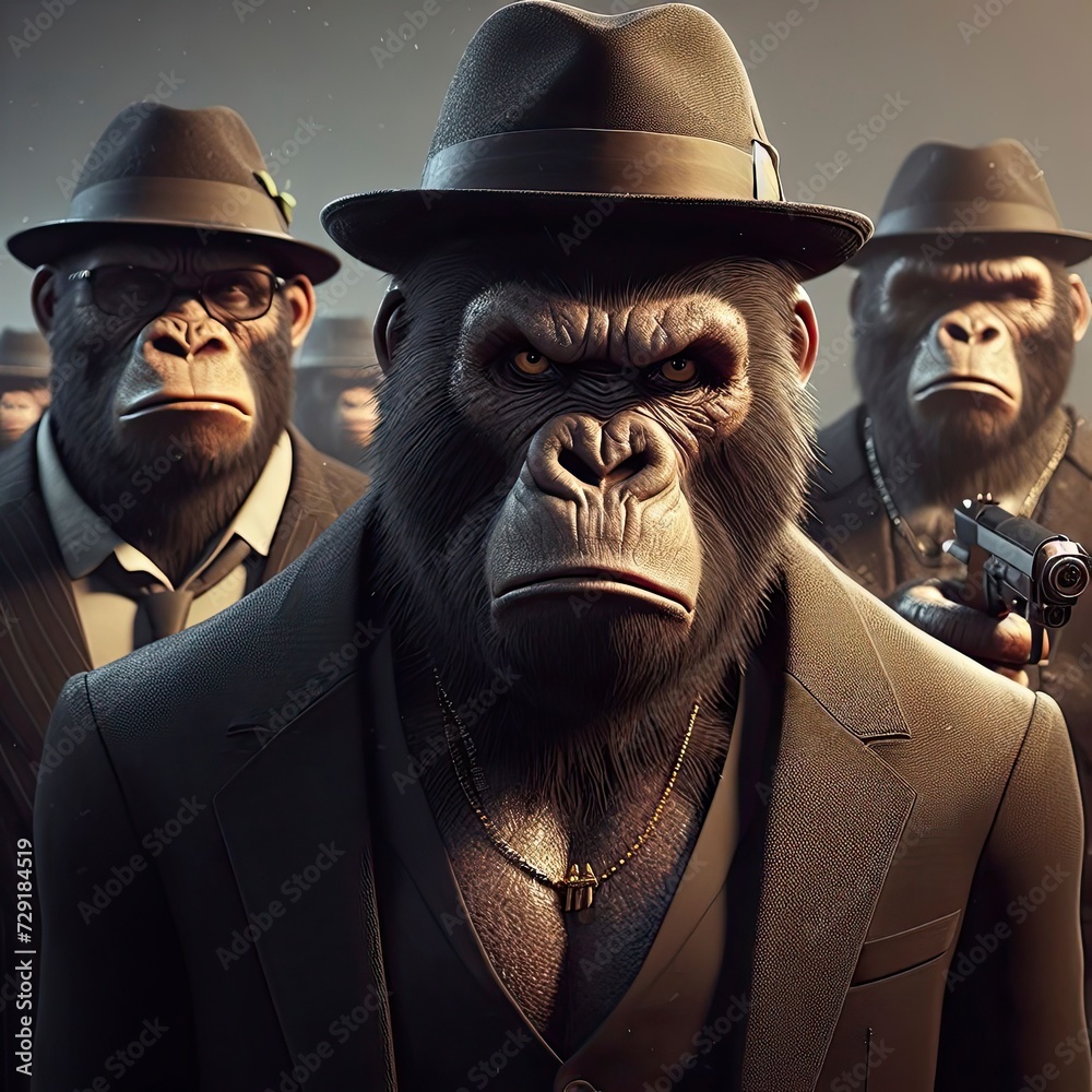 Gangster Mafia Gorilla Monkey Chimpanzee Gangwar with guns in streets ...