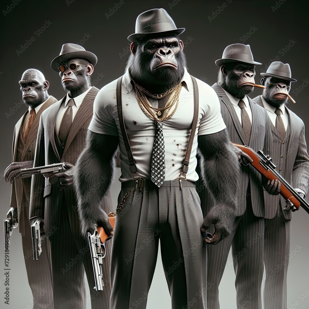 Gangster Mafia Gorilla Monkey Chimpanzee Gangwar with guns in streets wearing chains and suits ...