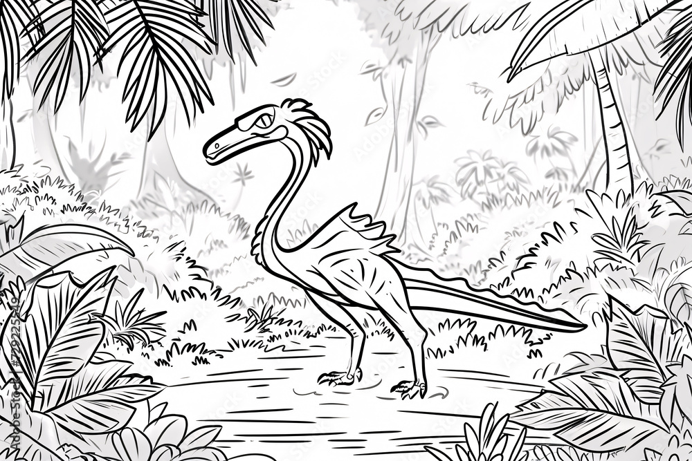 Troodon Dinosaur Black White Linear Doodles Line Art Coloring Page ...