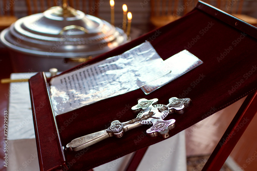 Crucifix, the Cross and prayer on a portable altar of the church. First ...