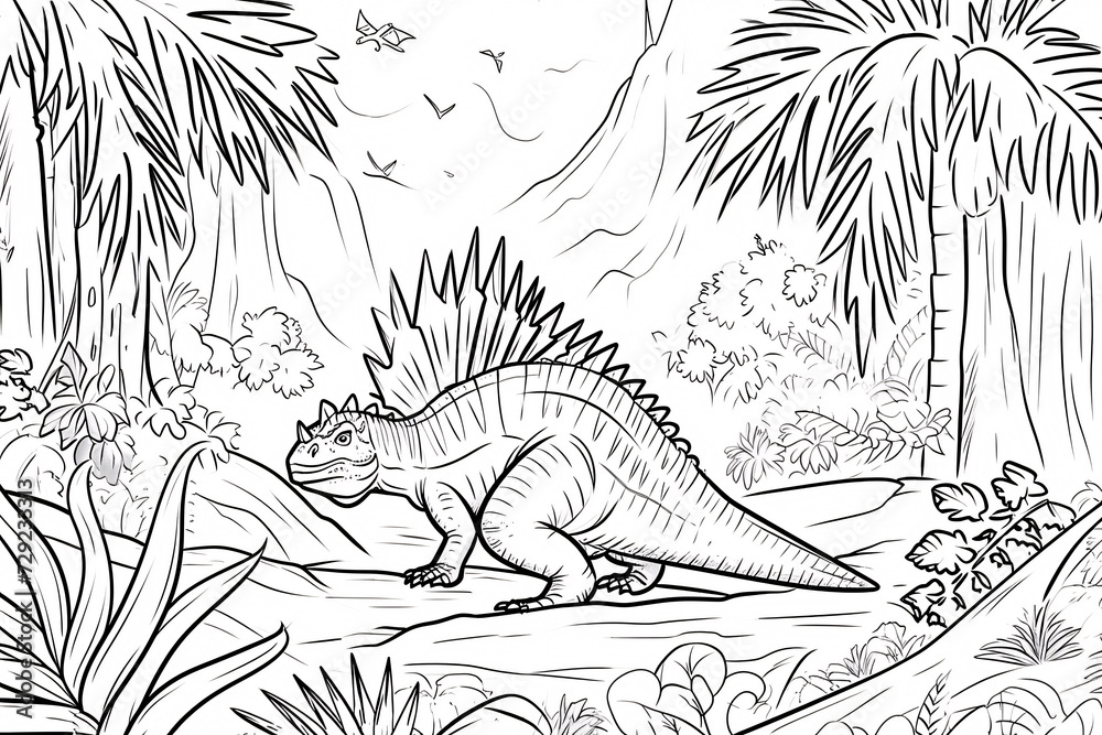 Dimetrodon Dinosaur Black White Linear Doodles Line Art Coloring Page ...