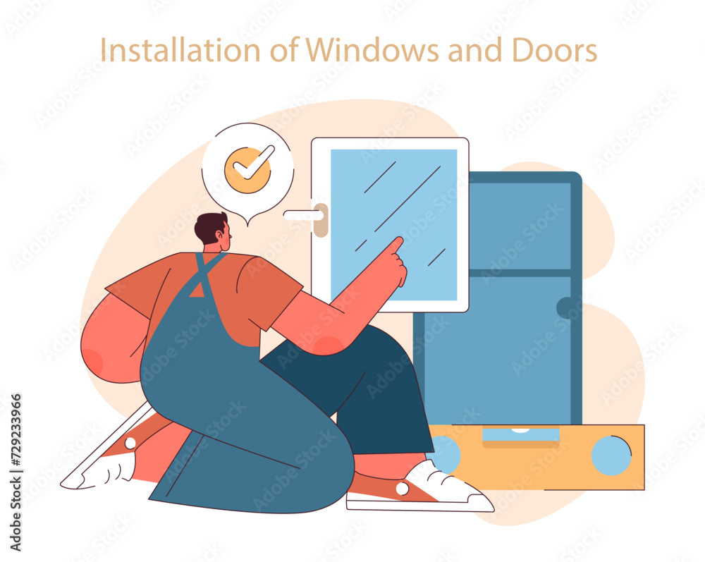 Installation of windows and doors. Worker accurately fitting new window ...