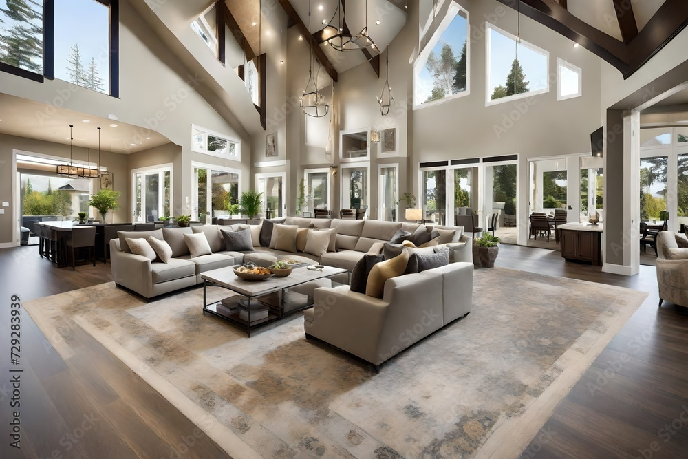 Beautiful living room interior in new luxury home with view of kitchen ...