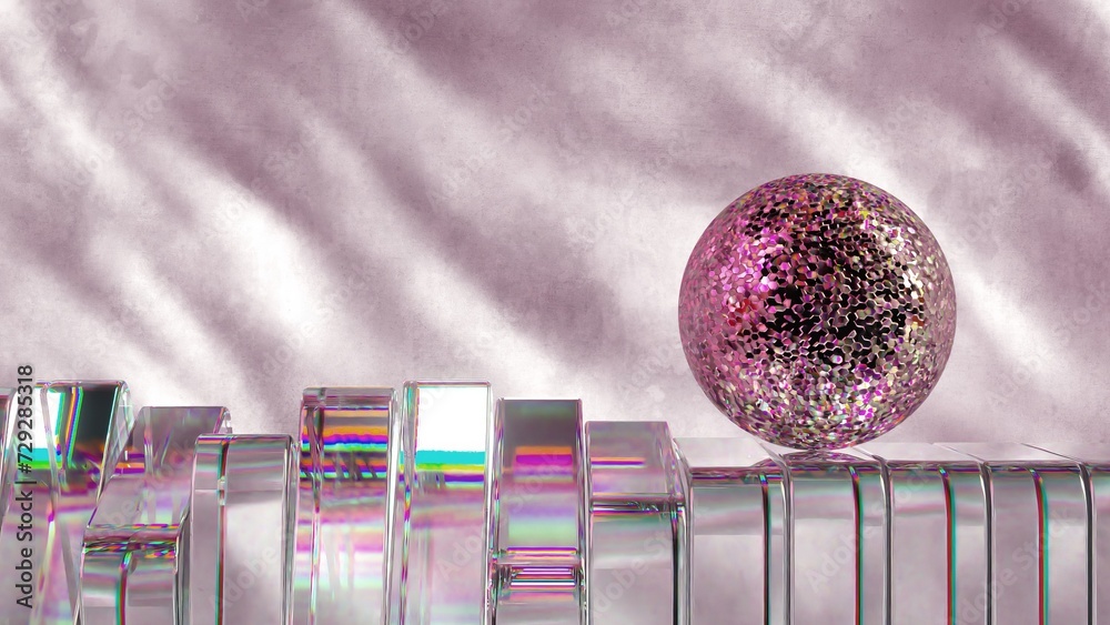 Glistening 3D animation of a disco ball sphere on a prism-like surface ...